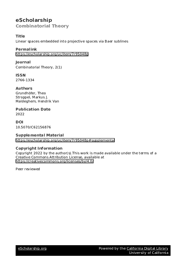 Pdf Linear Spaces Embedded Into Projective Spaces Via Baer Sublines Markus Stroppel