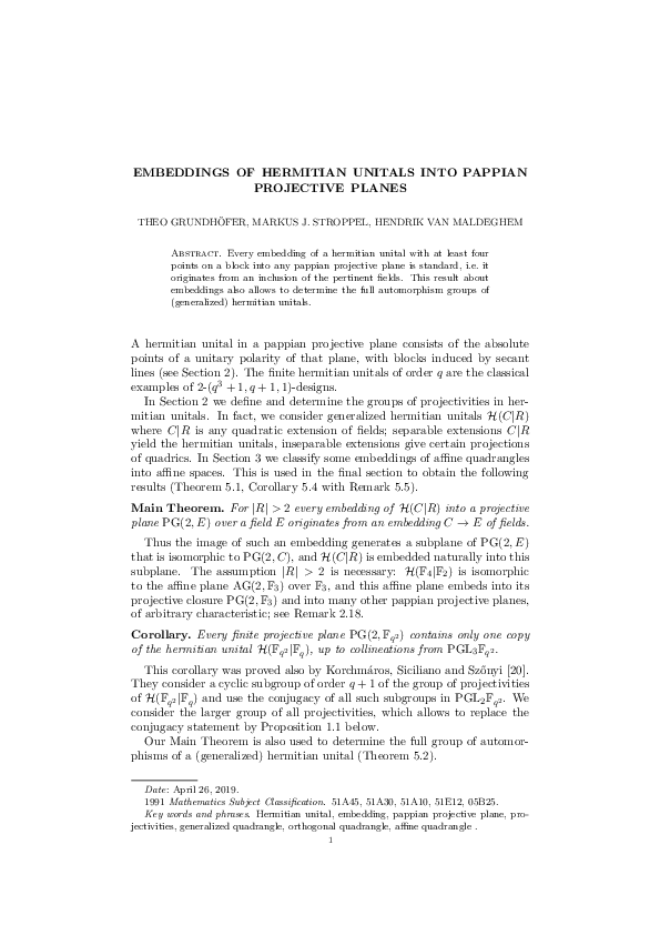 (PDF) Embeddings of hermitian unitals into pappian projective planes
