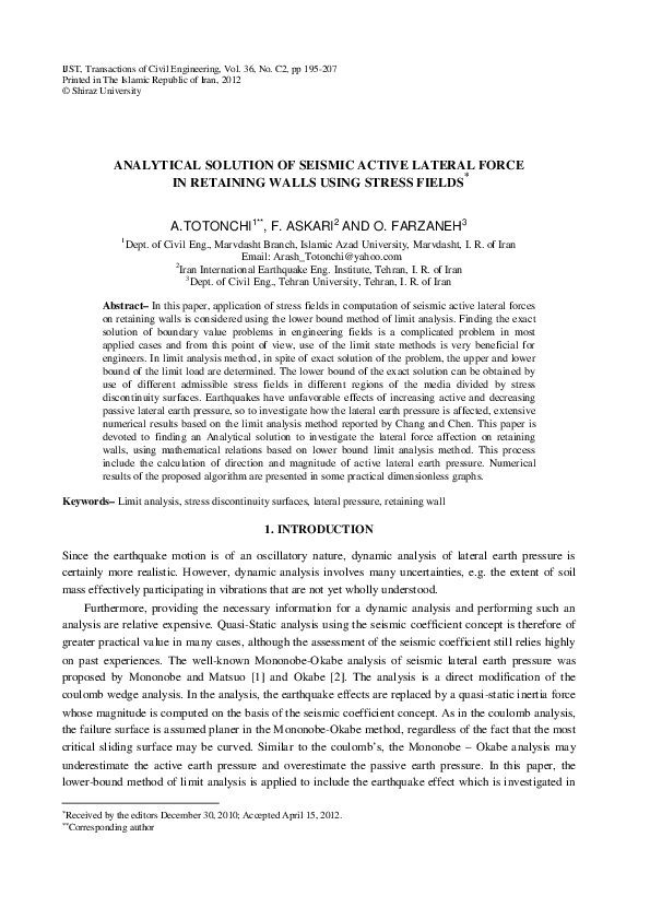 (PDF) Analytical Solution of Seismic Active Lateral Force in Retaining ...