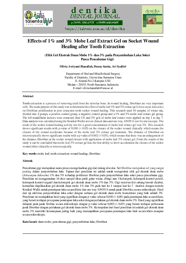 (PDF) Mobe Leaf Extract Gel Effects on Tooth Socket Healing