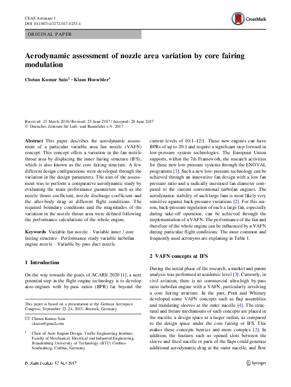 (PDF) Aerodynamic assessment of nozzle area variation by core fairing ...