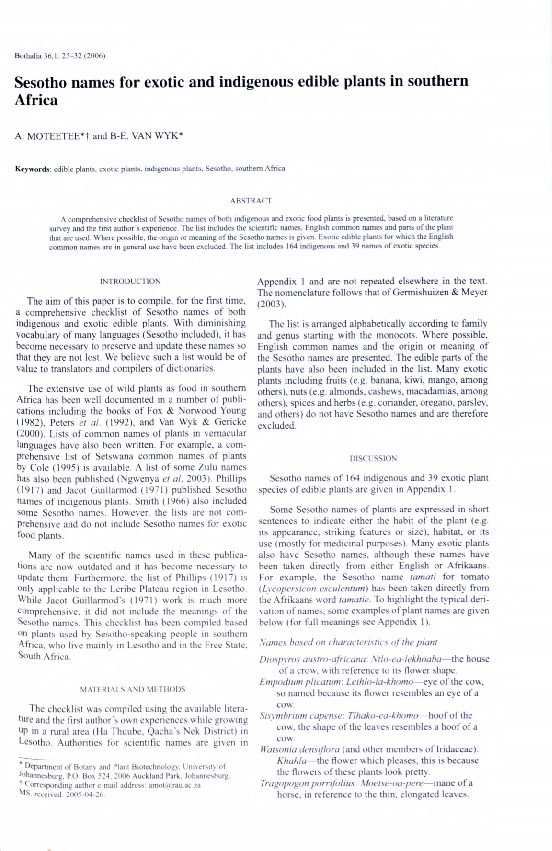(PDF) Sesotho names for exotic and indigenous edible plants in southern ...