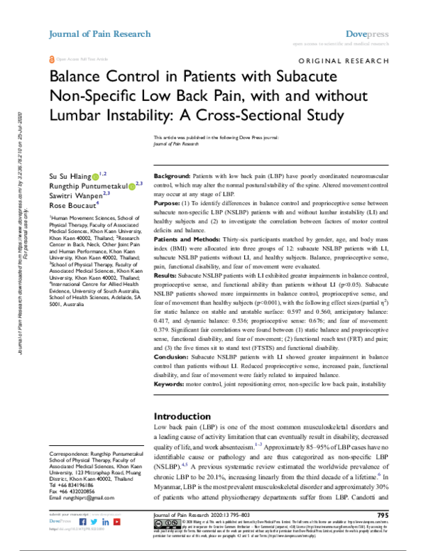 (PDF) Balance Control in Patients with Subacute Non-Specific Low Back ...