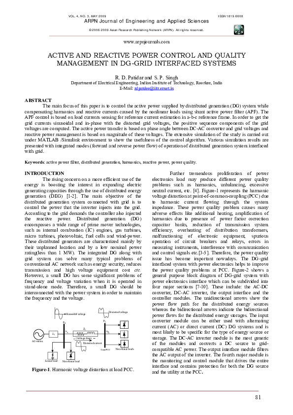 (PDF) Active and Reactive Power Control and Quality Management in DG-Grid Interfaced Systems