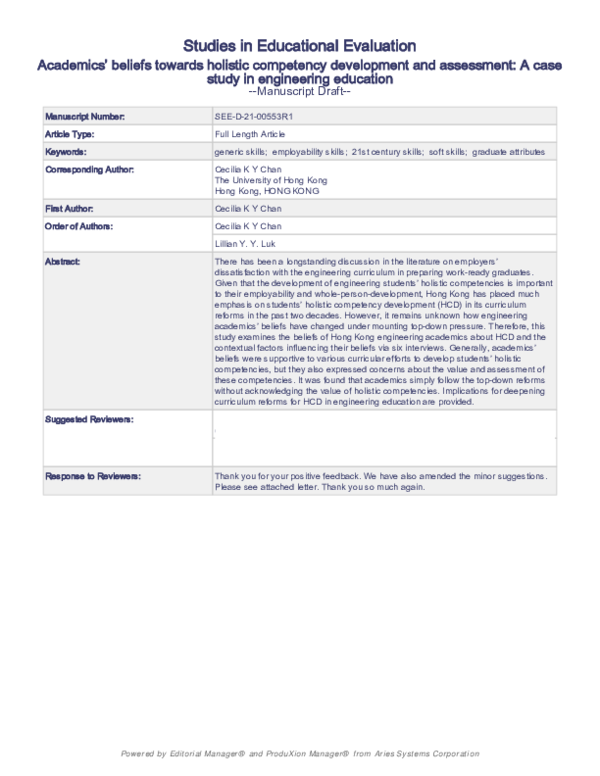 (PDF) Academics’ beliefs towards holistic competency development and assessment: A case study in ...