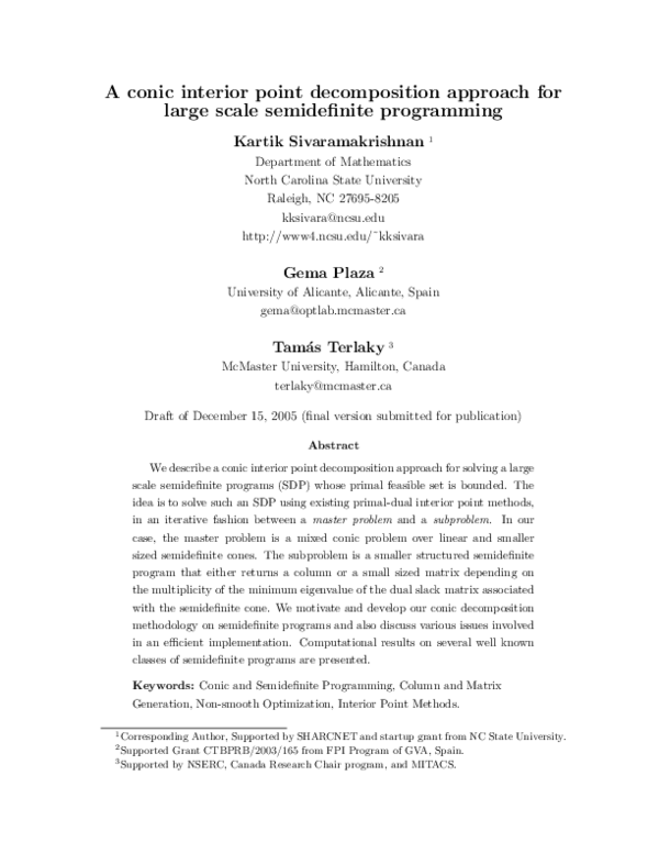 Pdf A Conic Interior Point Decomposition Approach For Large Scale Semidefinite Programming