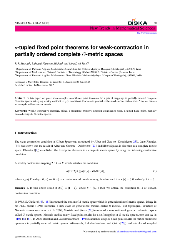 (PDF) N-Tupled Fixed Point Theorems for Weak-Contraction in Partially Ordered Complete G-Metric ...