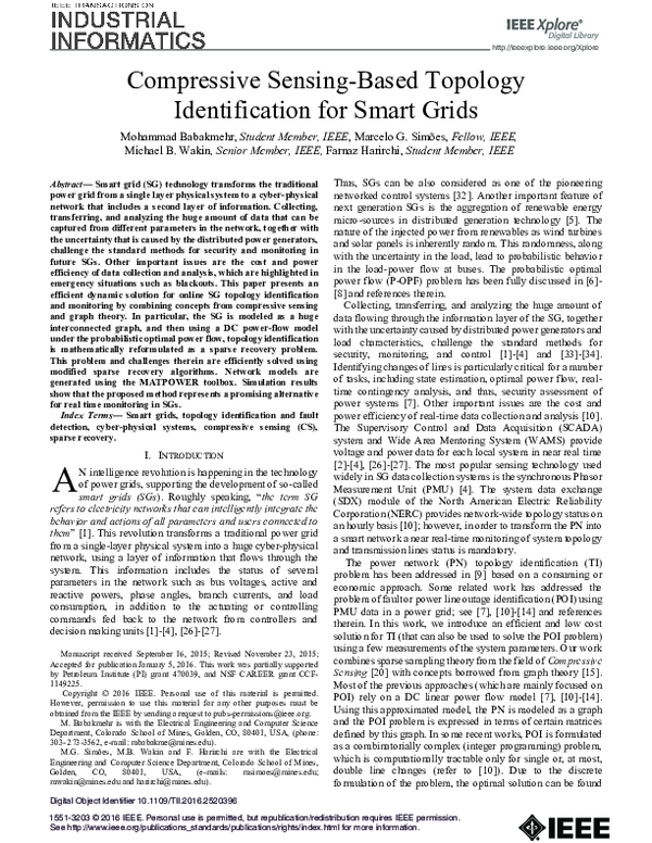(PDF) Compressive Sensing-Based Topology Identification for Smart Grids