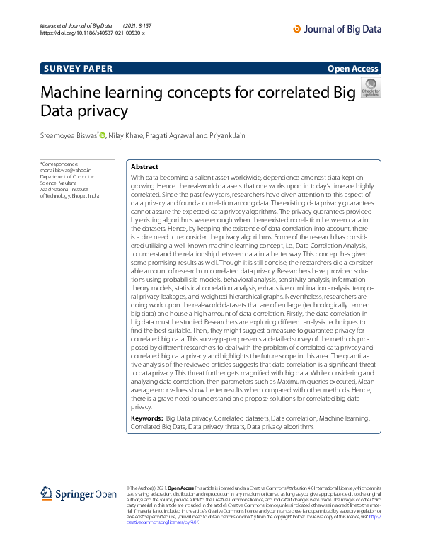 (PDF) Machine learning concepts for correlated Big Data privacy