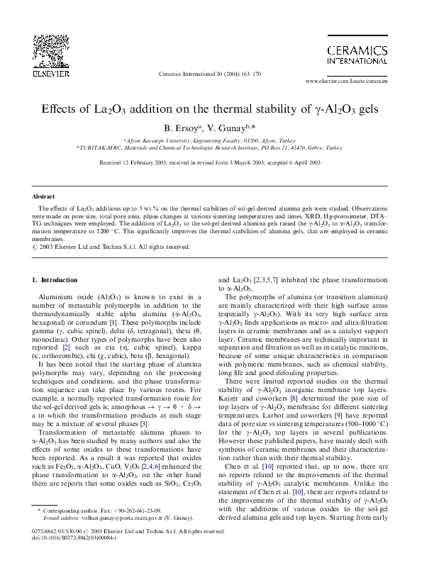 (PDF) Effects of La2O3 addition on the thermal stability of γ-Al2O3 gels