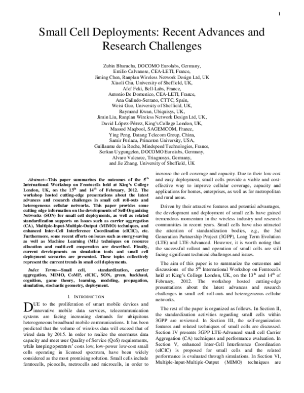 (PDF) Small Cell Deployments: Recent Advances and Research Challenges