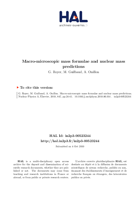 (PDF) Macro-microscopic mass formulae and nuclear mass predictions