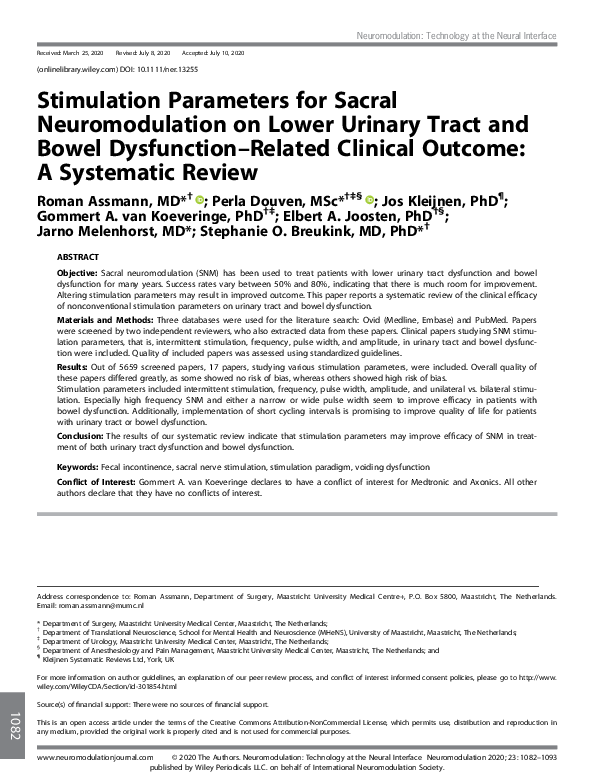 (PDF) Stimulation Parameters for Sacral Neuromodulation on Lower Urinary Tract and Bowel ...