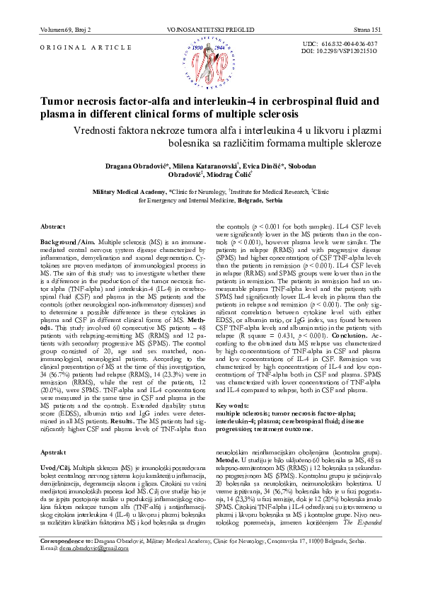 (PDF) Tumor necrosis factor-alfa and interleukin-4 in cerbrospinal fluid and plasma in different ...