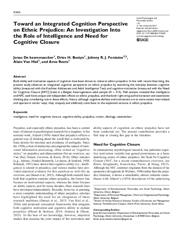 (PDF) Toward an Integrated Cognition Perspective on Ethnic Prejudice