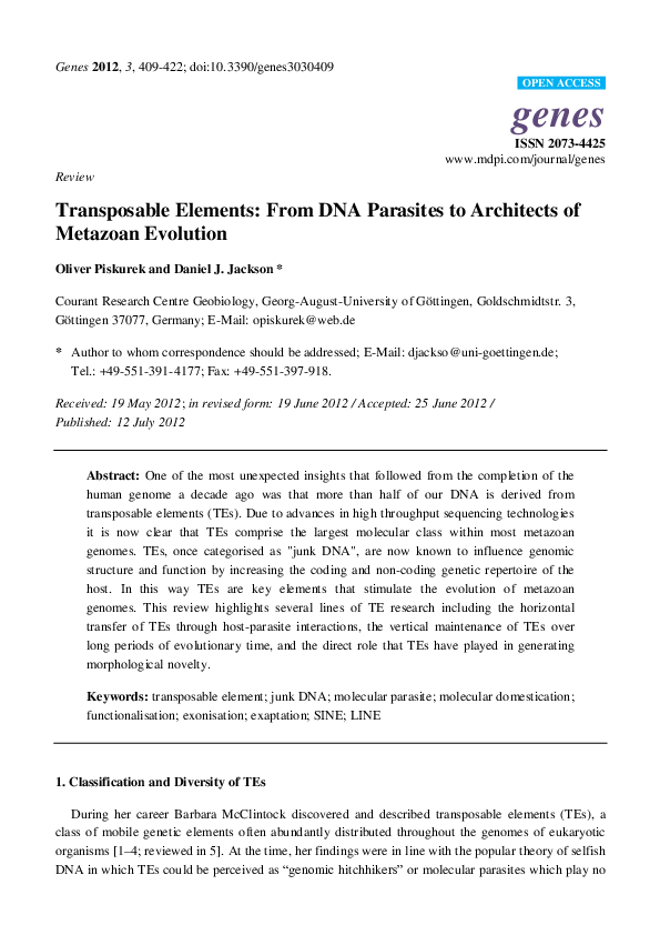 (PDF) Transposable elements: from DNA parasites to architects of ...