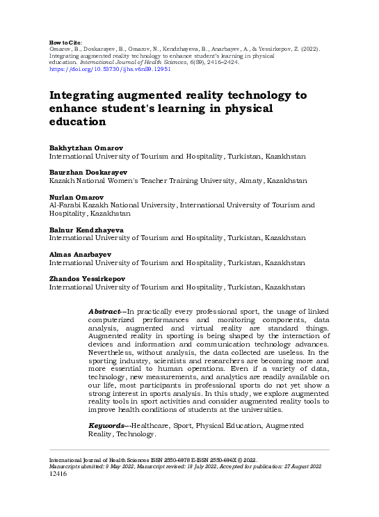 (PDF) Integrating augmented reality technology to enhance student's learning in physical education