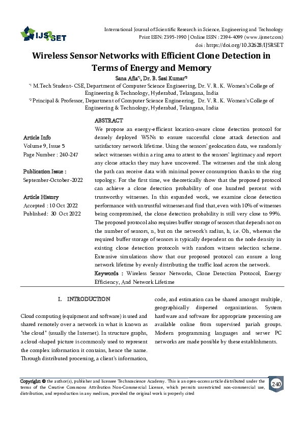 (PDF) Wireless Sensor Networks with Efficient Clone Detection in Terms of Energy and Memory