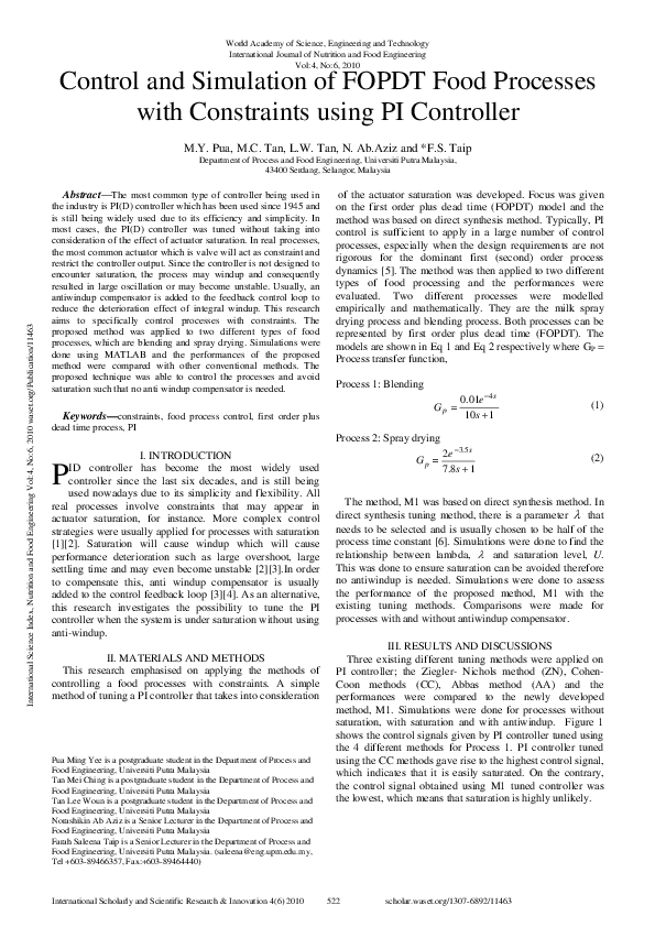 Pdf Control And Simulation Of Fopdt Food Processes With Constraints Using Pi Controller 5974