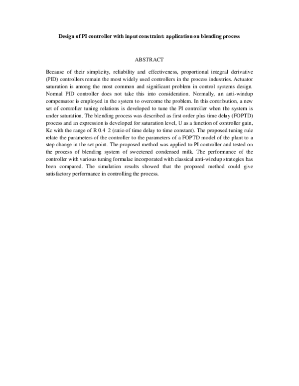 Design Of Pi Controller With Input Constraint Application On Blending