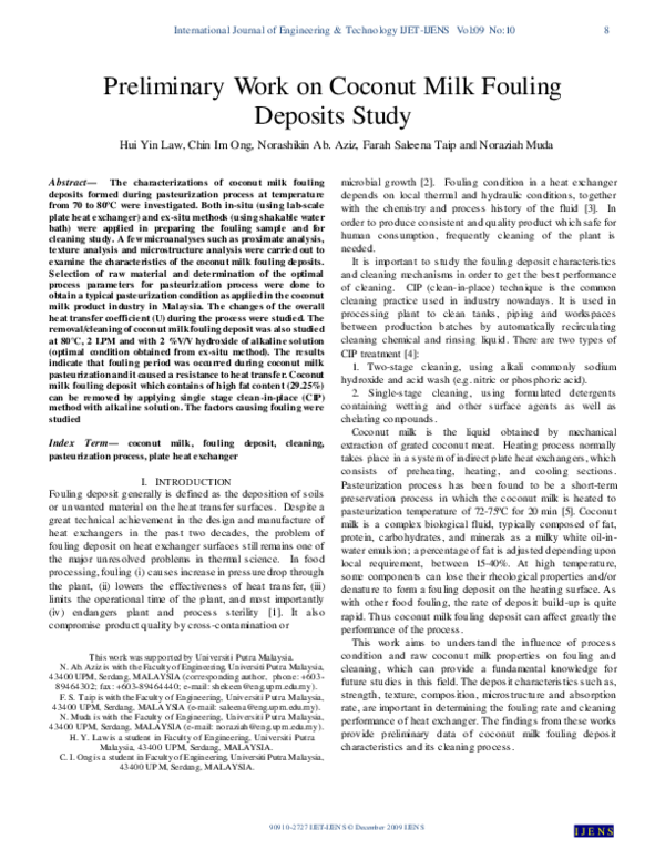 (PDF) Preliminary Work on Coconut Milk Fouling Deposits Study