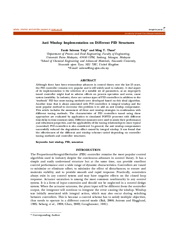 (PDF) Anti Windup Implementation on Different PID Structures