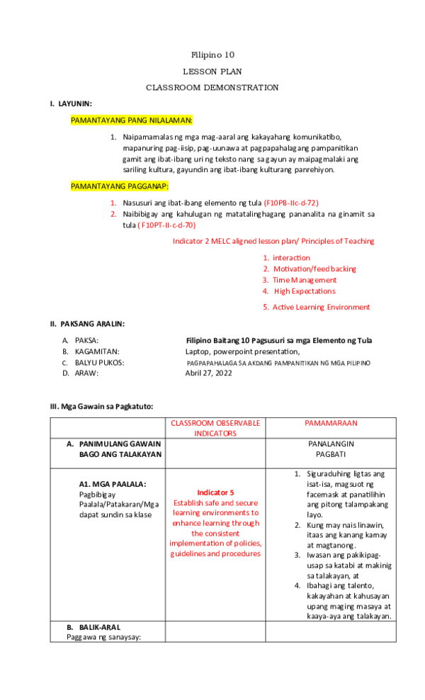 (DOC) BANGHAY ARALIN sa Baitang 10: PAGSUSURI SA ELEMENTO NG TULA