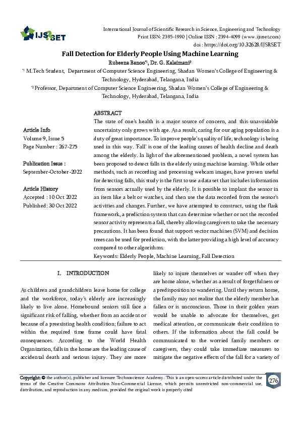 (PDF) Fall Detection for Elderly People Using Machine Learning
