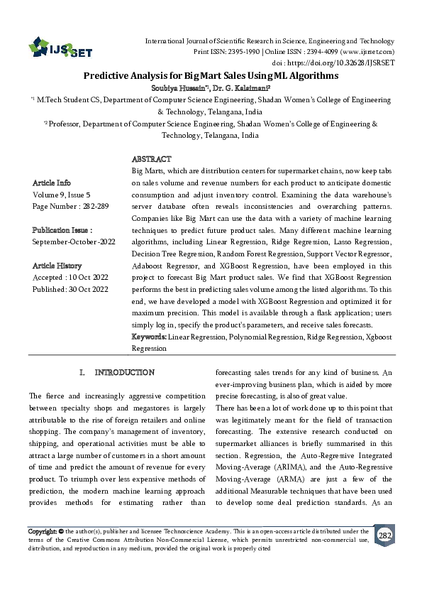(PDF) Predictive Analysis for Big Mart Sales Using ML Algorithms