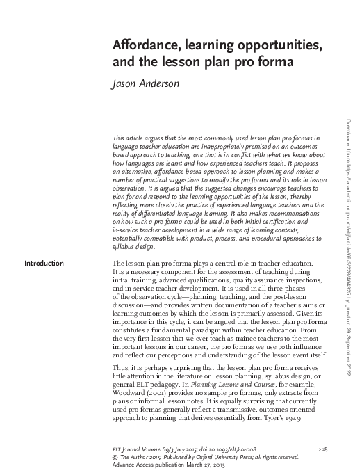(PDF) Affordance, learning opportunities, and the lesson plan pro forma