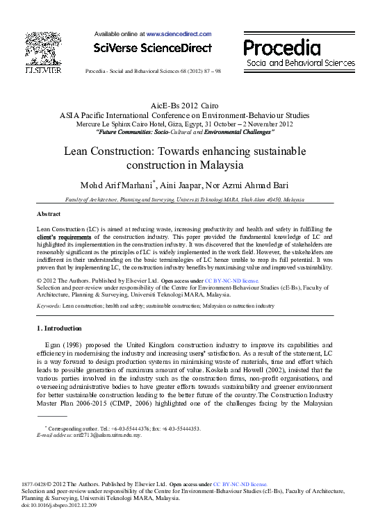 (PDF) Lean Construction: Towards Enhancing Sustainable Construction in Malaysia
