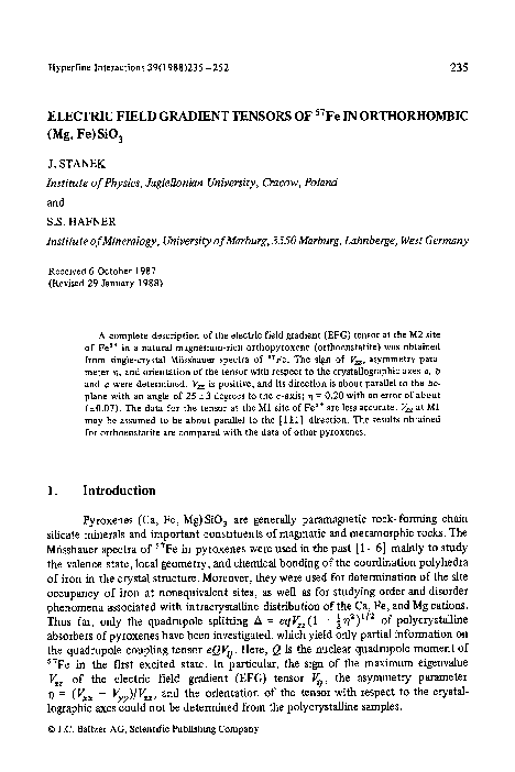 (PDF) Electric field gradient tensors of57Fe in orthorhombic (Mg, Fe)SiO3