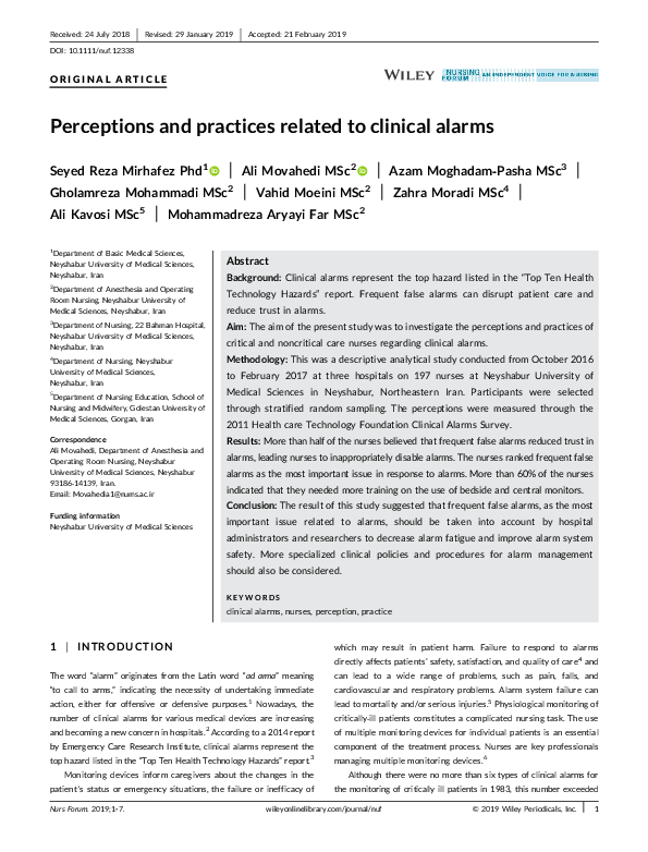 (PDF) Perceptions and practices related to clinical alarms