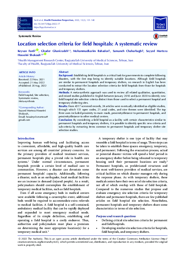 (PDF) Location selection criteria for field hospitals: A systematic review
