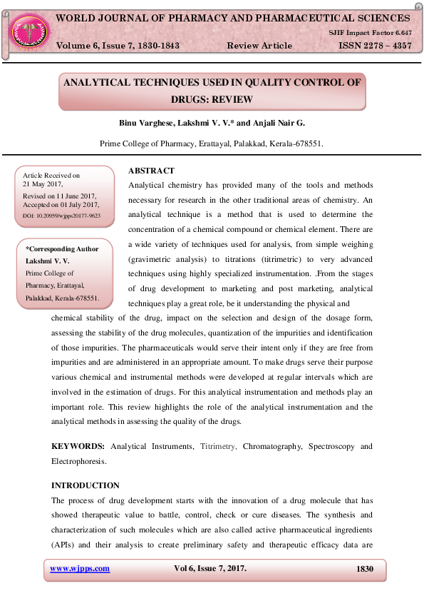 (PDF) Analytical Techniques Used in Quality Control of Drugs: Review