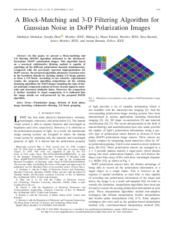 Pdf A Block Matching And 3 D Filtering Algorithm For Gaussian Noise In Dofp Polarization