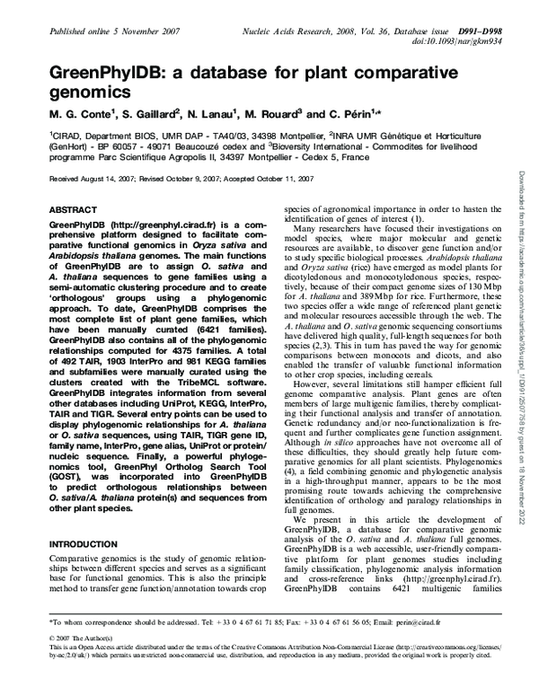 (PDF) GreenPhylDB: a database for plant comparative genomics | Nad ...