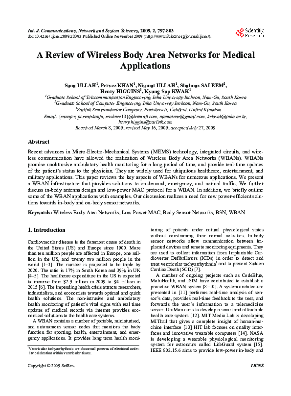 Pdf A Review Of Wireless Body Area Networks For Medical Applications