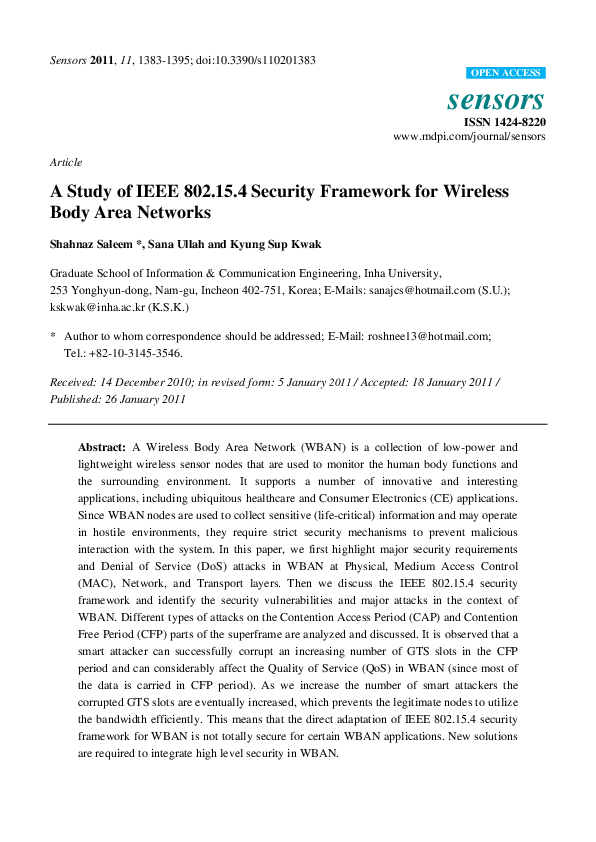 (PDF) A Study of IEEE 802.15.4 Security Framework for Wireless Body Area Networks
