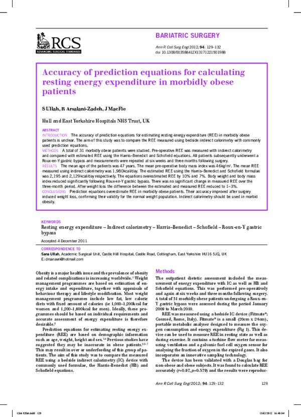 (PDF) Accuracy of prediction equations for calculating resting energy ...