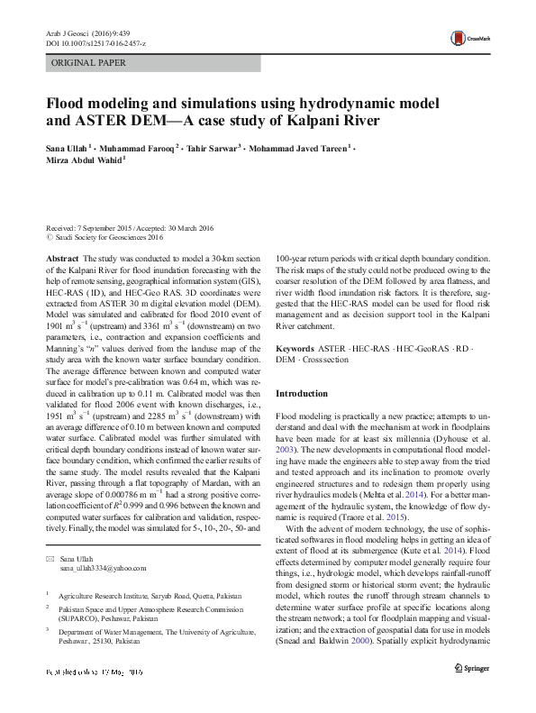 Pdf Flood Modeling And Simulations Using Hydrodynamic Model And Aster