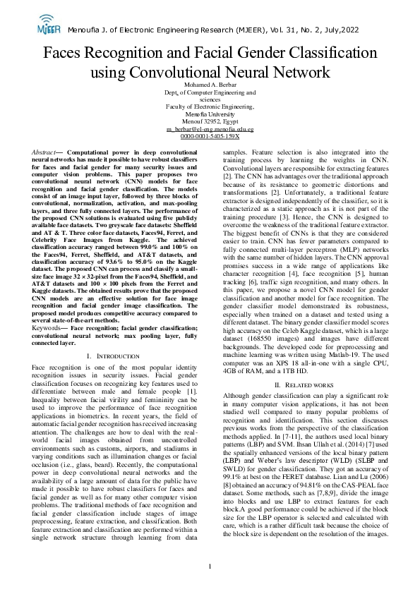 Pdf Faces Recognition And Facial Gender Classification Using