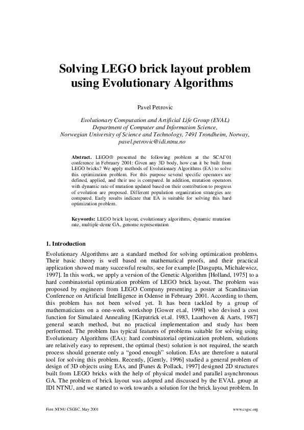 (PDF) Solving LEGO brick layout problem using Evolutionary Algorithms