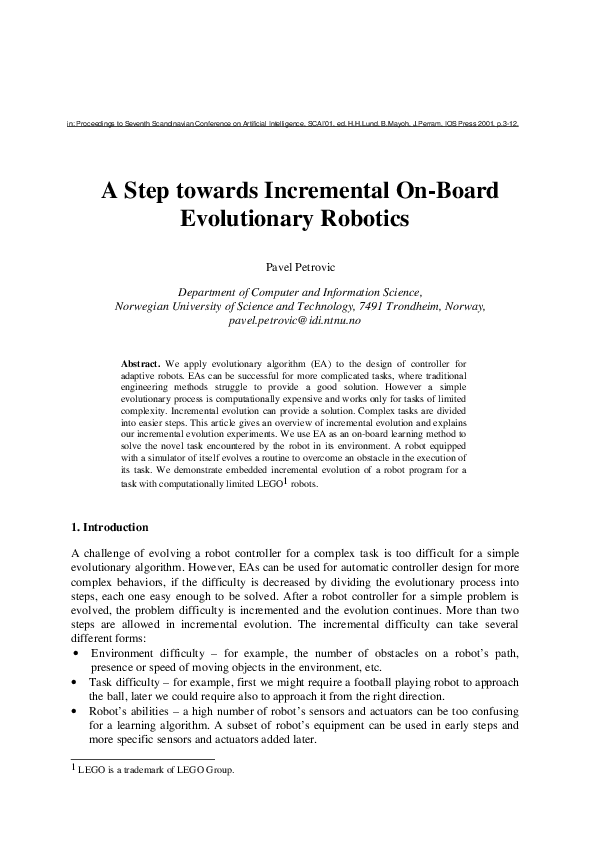 (PDF) A step towards incremental on-board evolutionary robotics | Pavel Petrovic - Academia.edu