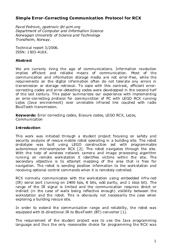 (PDF) Simple Error-Correcting Communication Protocol for RCX (PDF) Simple Error-Correcting Communication Protocol for RCX