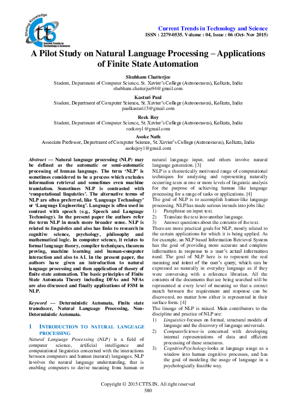 (PDF) A Pilot Study on Natural Language Processing – Applications of Finite State Automation ...