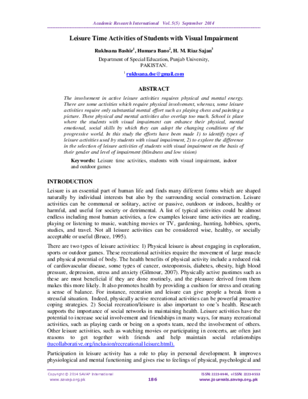 (PDF) Leisure Time Activities of Students with Visual Impairment