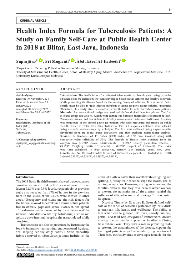 (PDF) Health Index for Tuberculosis Patients on Family Ability Based on ...