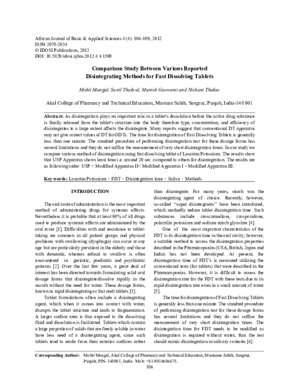 (PDF) Comparison Study Between Various Reported Disintegrating Methods ... (PDF) Comparison Study Between Various Reported Disintegrating Methods ...