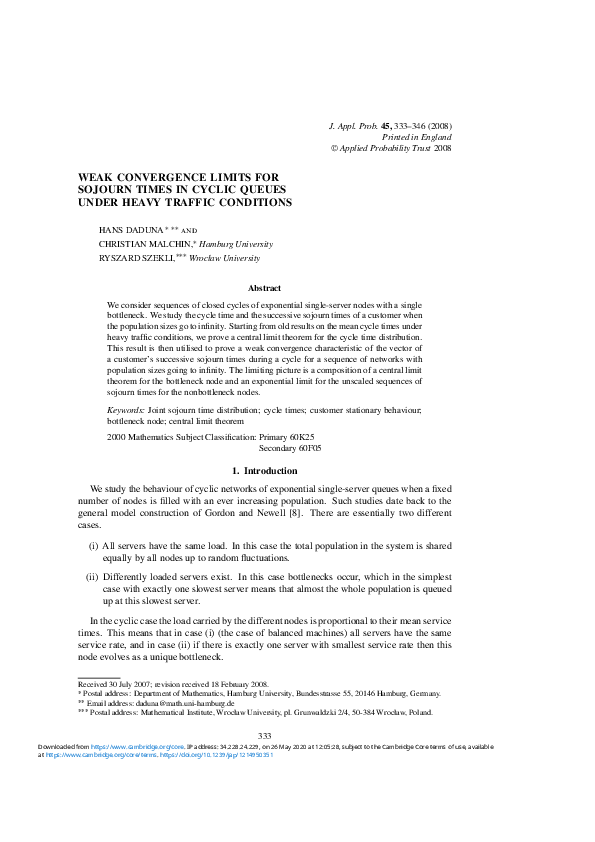 (PDF) Weak convergence limits for sojourn times in cyclic queues under heavy traffic conditions